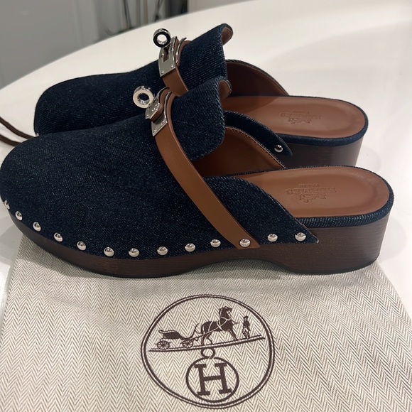 Hermes | Shoes | Hermes Carlotta Denim Kelly Lock Clogs | Poshmark